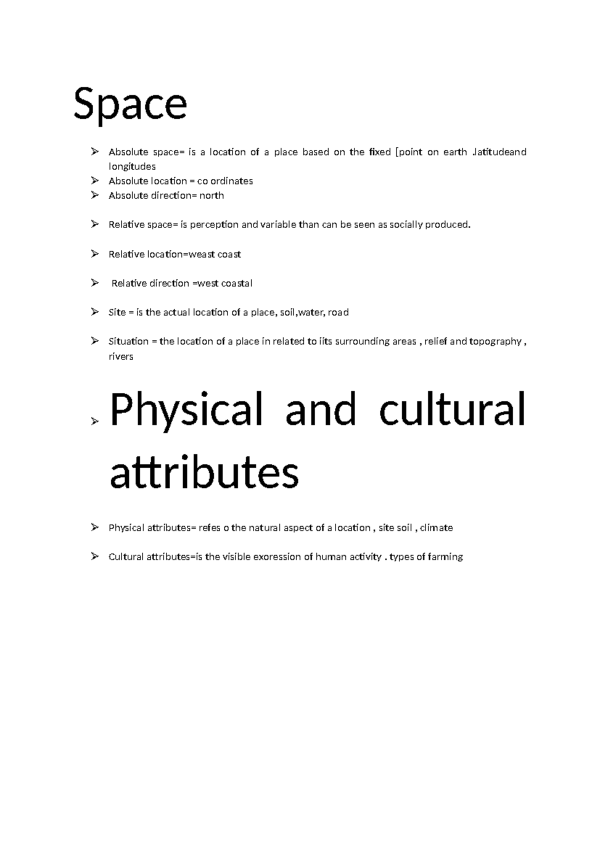Geography 1 notes - it is simplified - Space Absolute space= is a ...