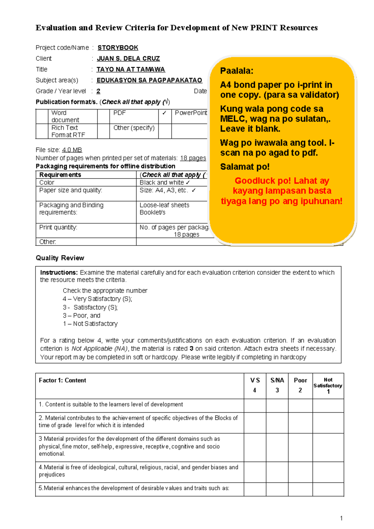 Rating Sheet for New PRINT Resources: Storybook Evaluation (STORYBOOK ...