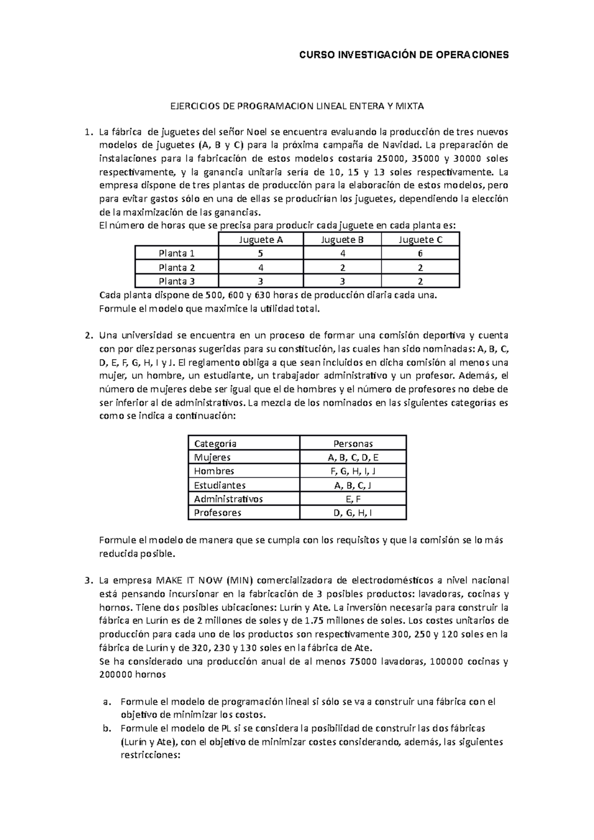 Ejercicios de Programación Lineal Entera y Mixta - PLE 2023 - Studocu