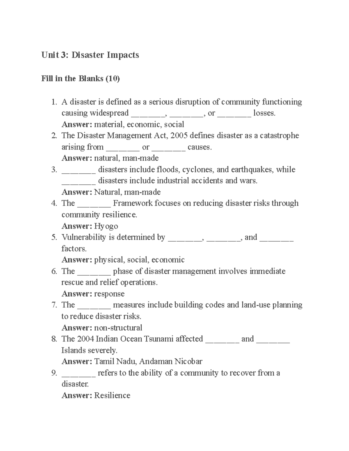 Unit 3: Disaster Impacts Fill-in-the-Blanks & MCQs (Disaster Management ...
