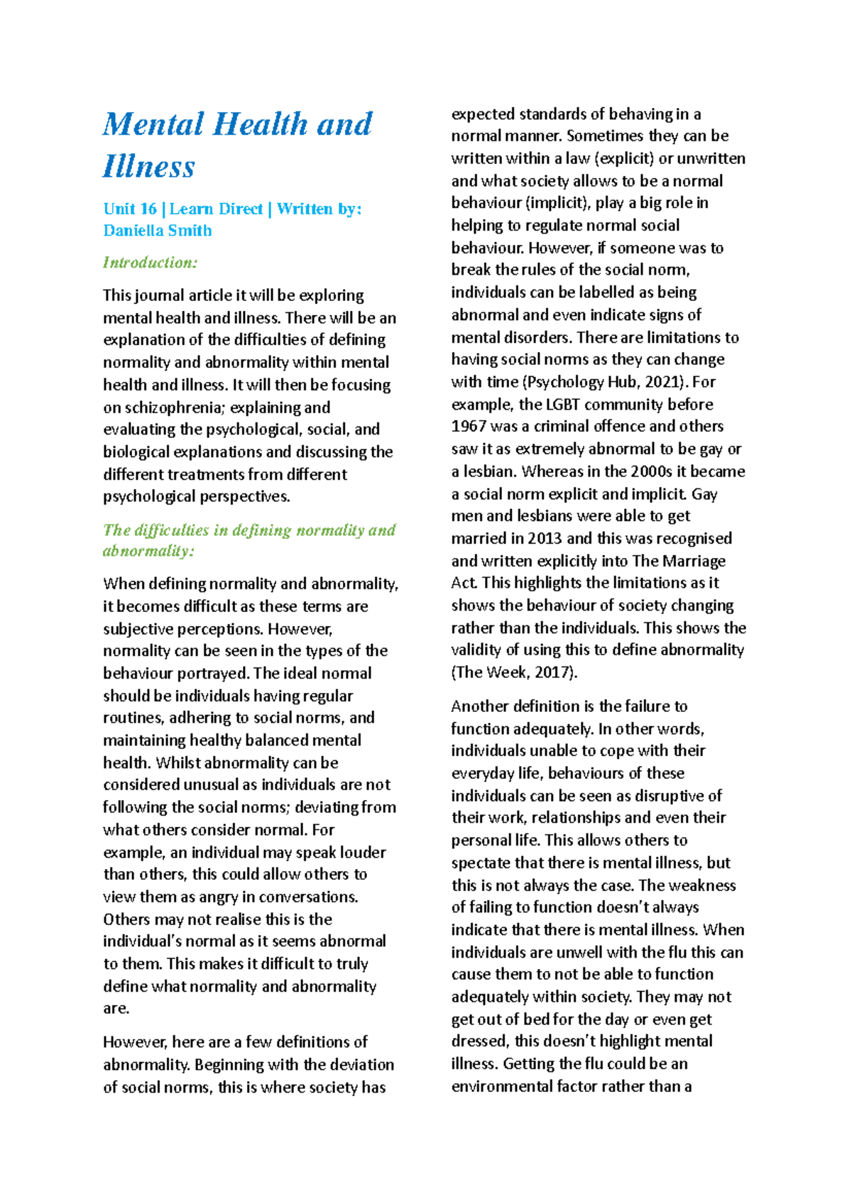 Mental Health & Illness: Exploring Schizophrenia & Its Treatments - Studocu