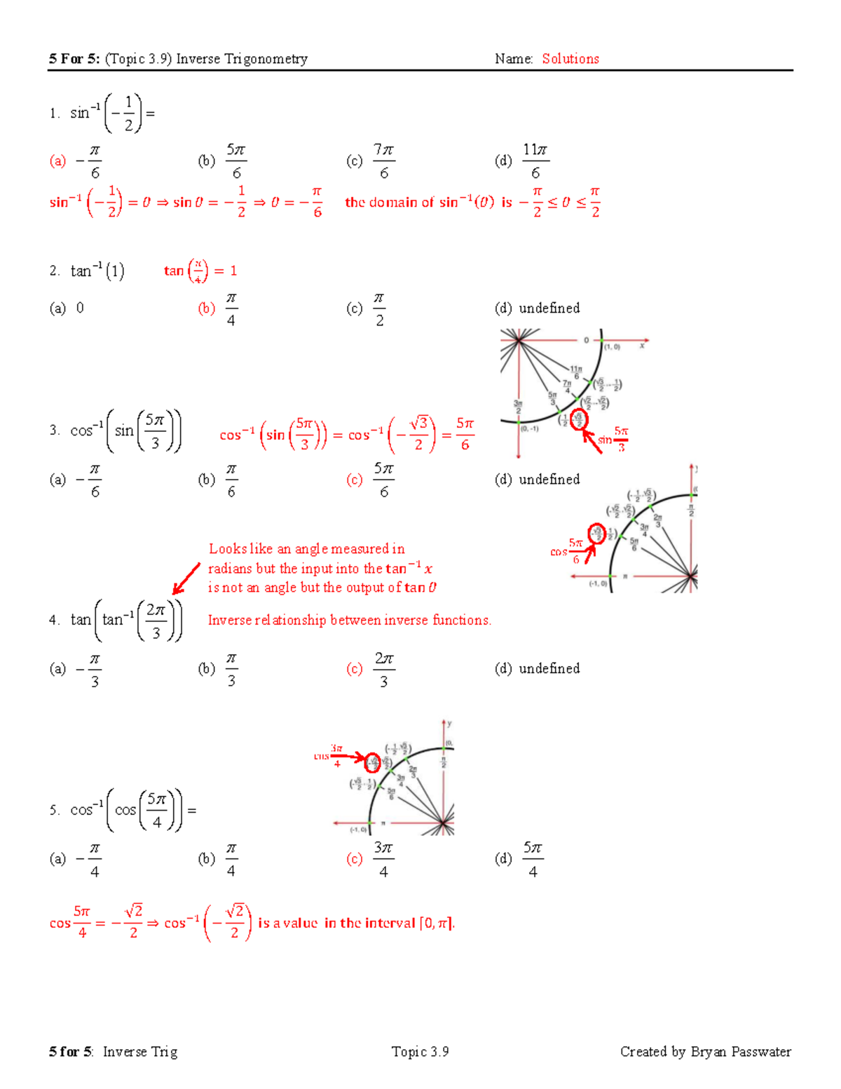 5 For 5: Key Solutions for Topic 3.9 Inverse Trigonometry - Studocu