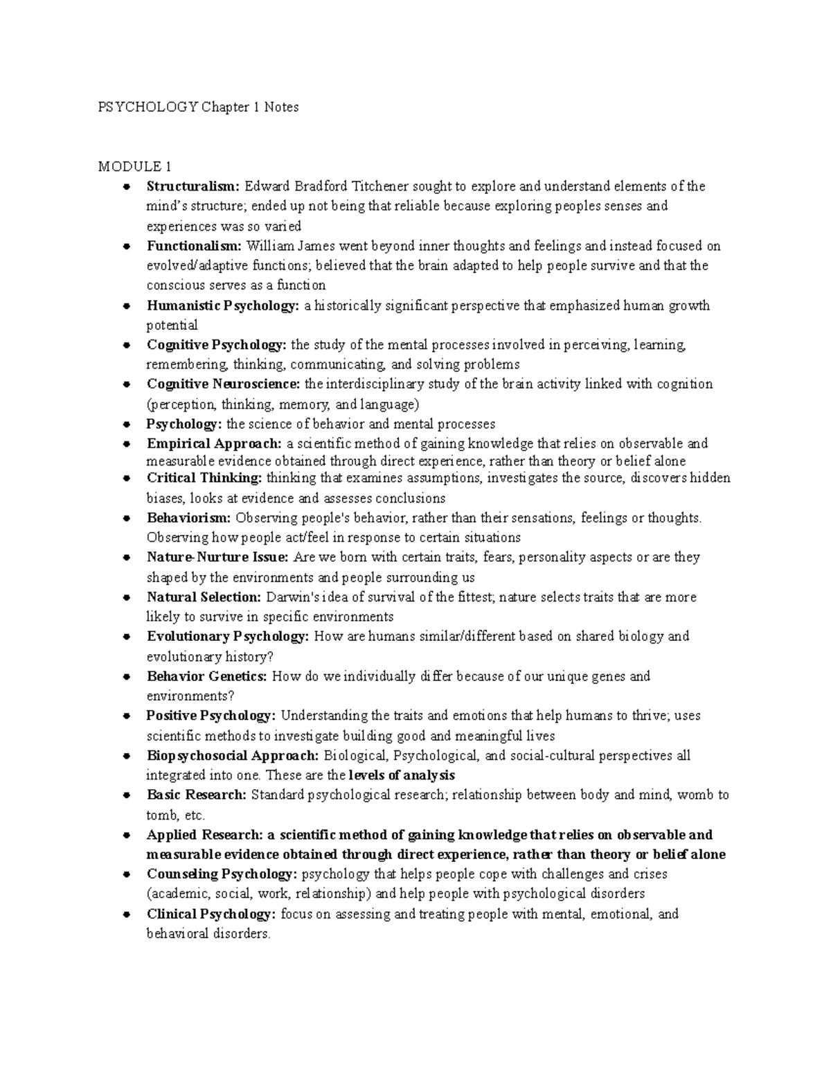 PSYCHOLOGY Module 1: Chapter 1 Notes on Key Concepts - Studocu