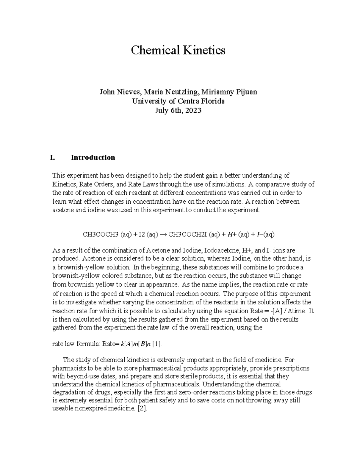 Chemical Kinetics Lab Report: Investigating Reaction Rates and ...