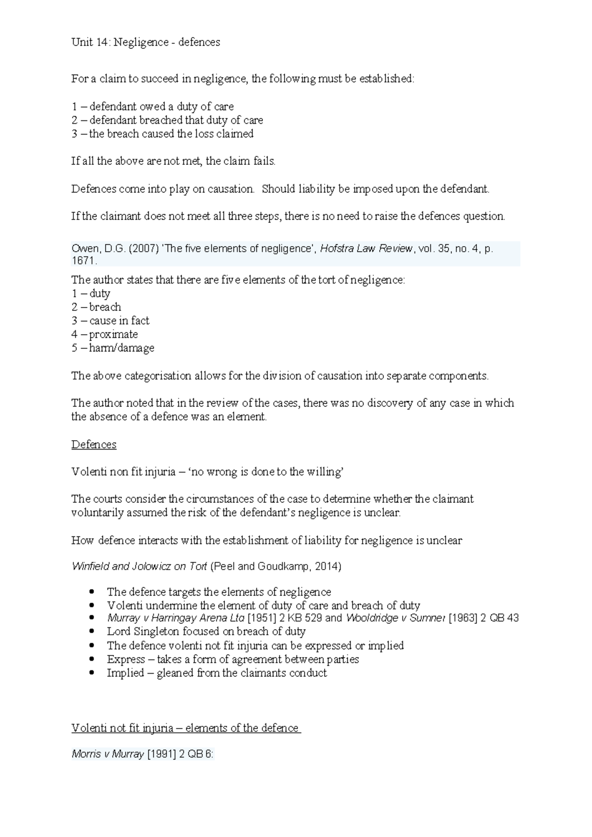 Unit 14 - Unit 14 - negligence, defences. Lecture notes. 13 pages - For ...