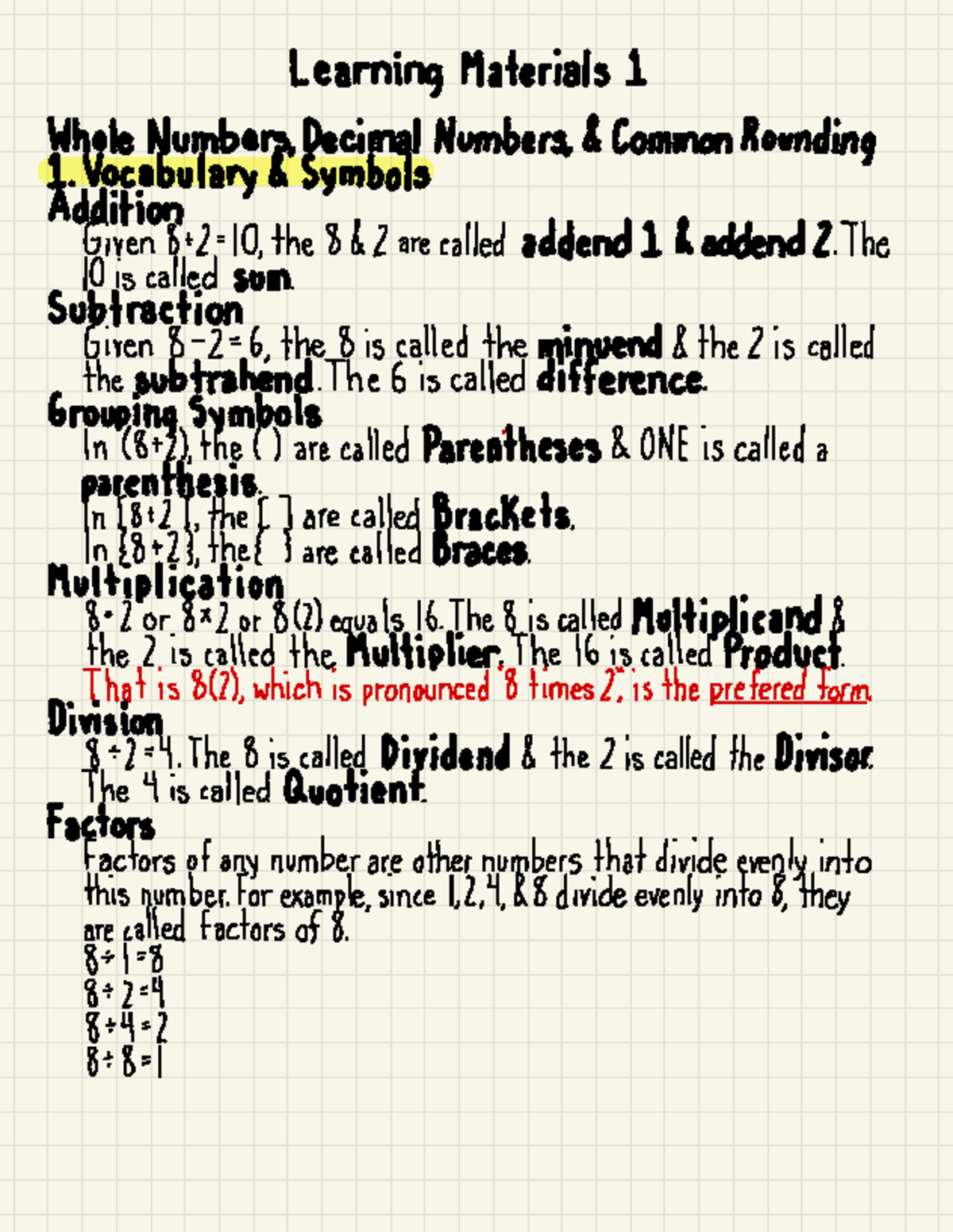 MATH 116 - 1 - Overview of Learning Materials 1: Whole Numbers, Decimal ...