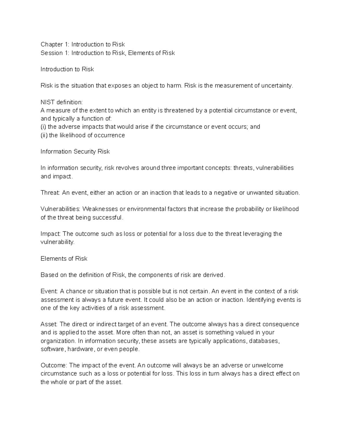 SRMP U1&2: Intro to Risk & Info Sec Risk Management Principles - Studocu