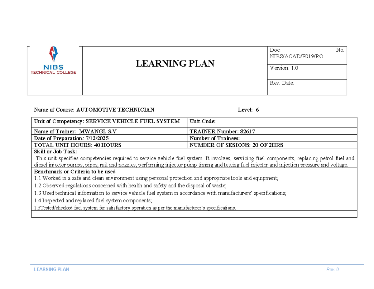 Learning Plan T6B: Service Vehicle Fuel Systems Overview - Studocu
