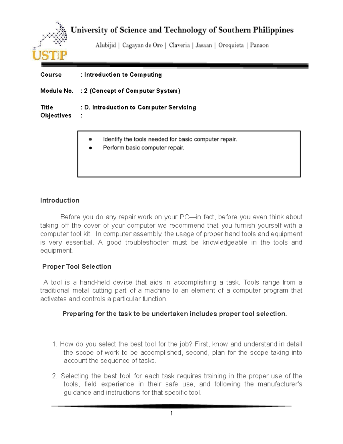 Introducing to Computer Servicing - Course : Introduction to Computing Module No. : 2 (Concept ...