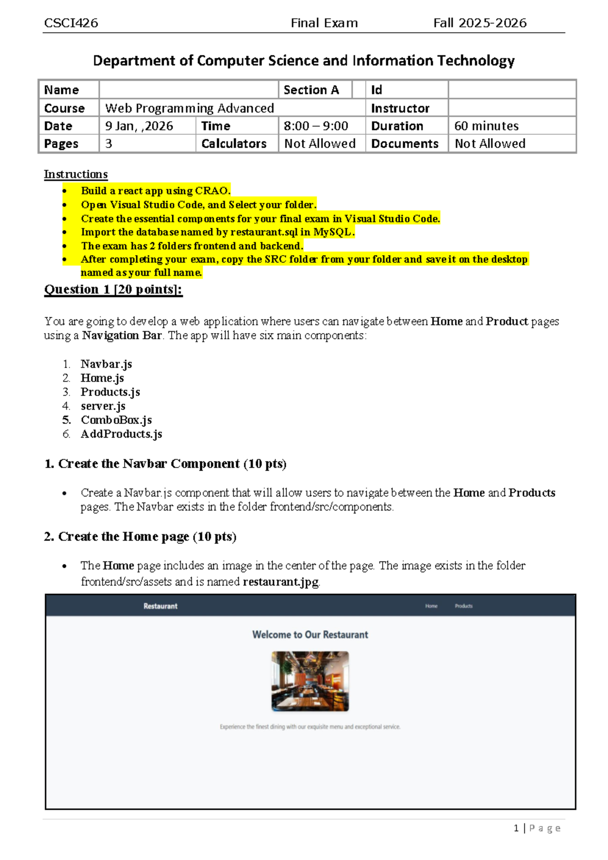CSCI426 Final Exam Fall 2026 - Web Programming Project Guide - Studocu