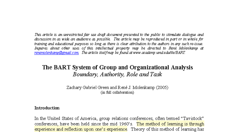 Green & Molenkamp 2005 - The BART System: Group Analysis Insights - Studocu
