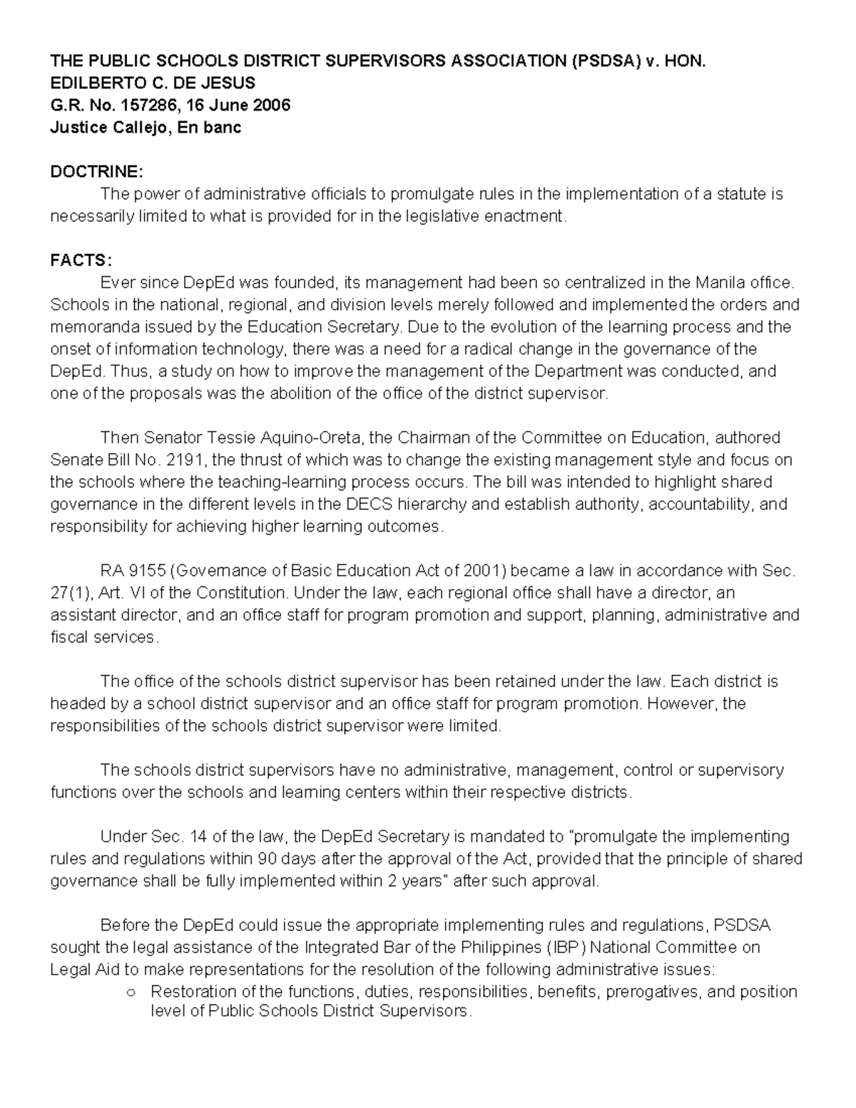 PSDSA v. Hon. Edilberto C. De Jesus: Administrative Authority & IRR ...