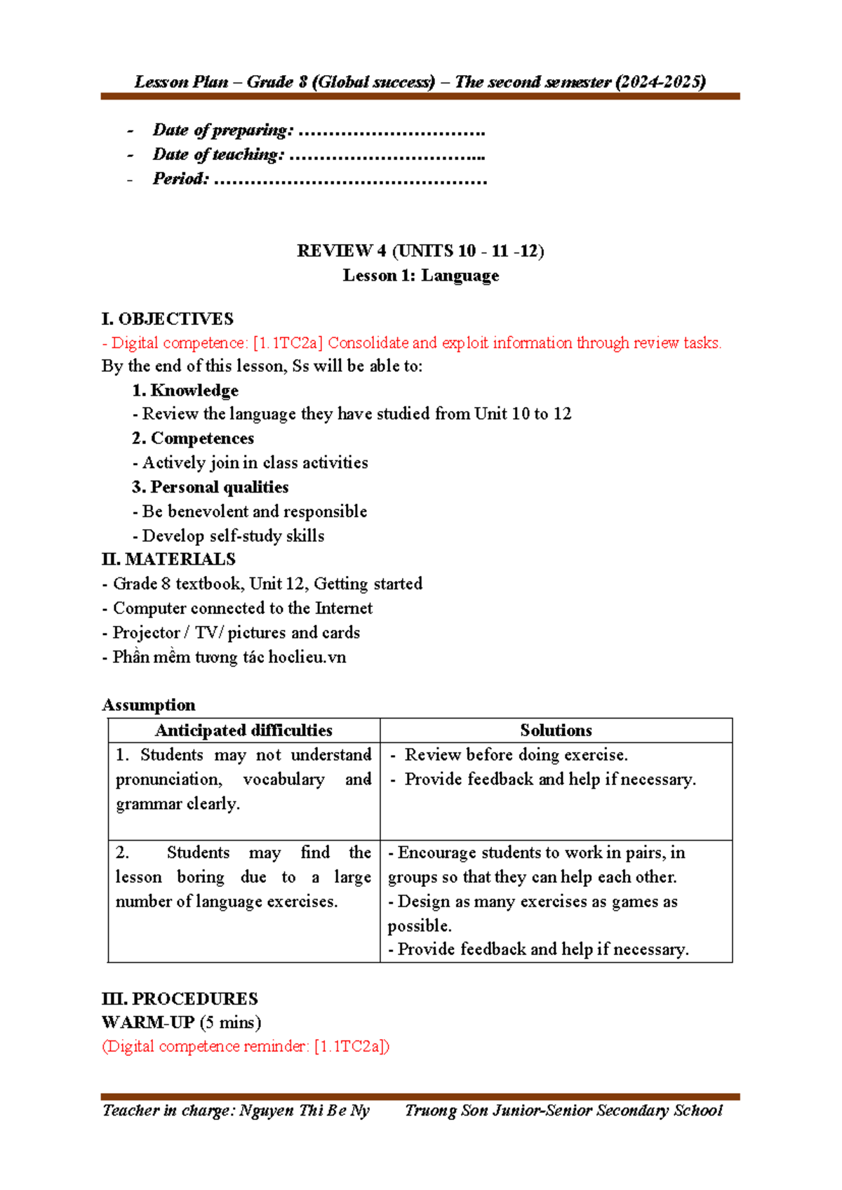 Lesson Plan Grade 8: Review 4 (Units 10-12) - Global Success - Studocu