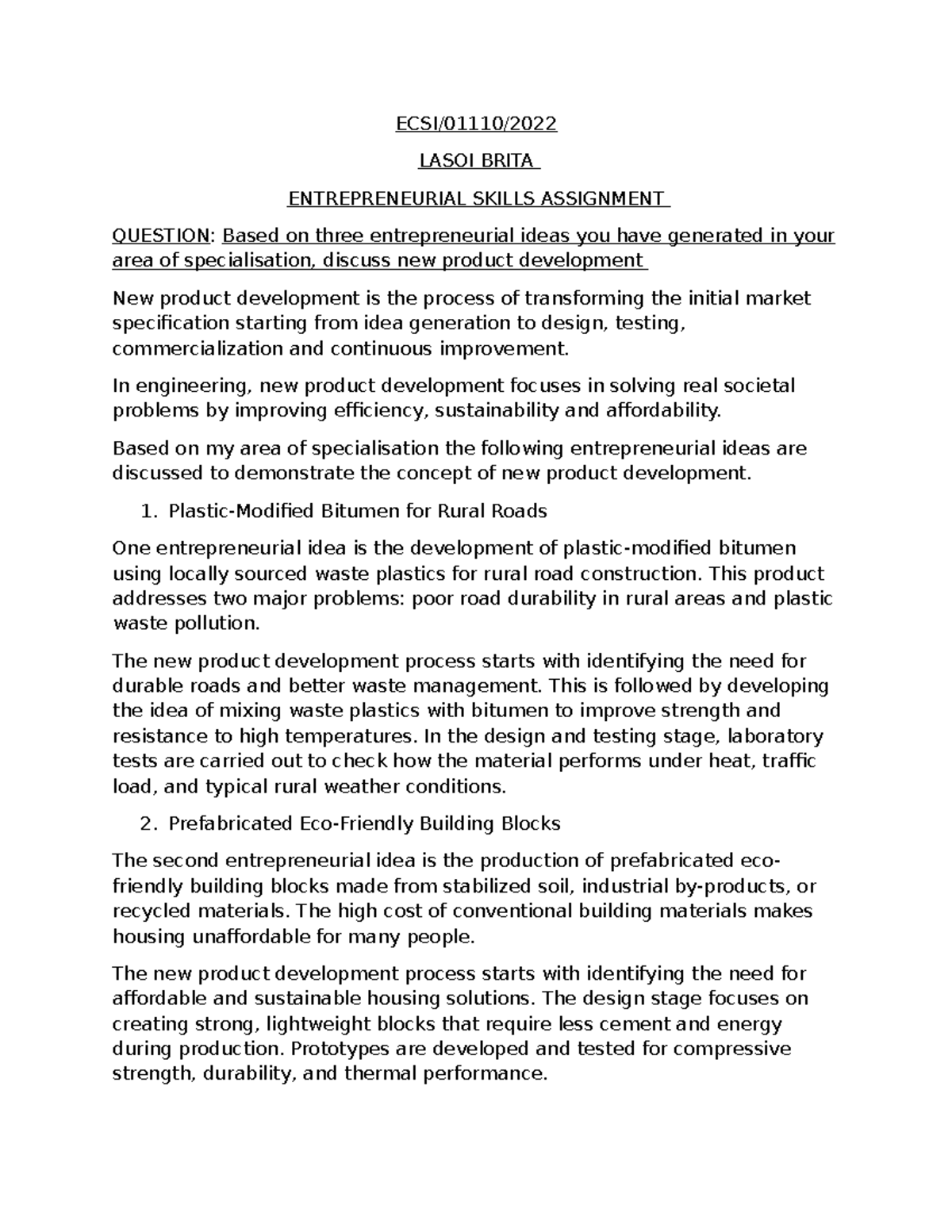 LASOI BRITA ENTREPRENEURIAL SKILLS ASSIGNMENT: New Product Development ...