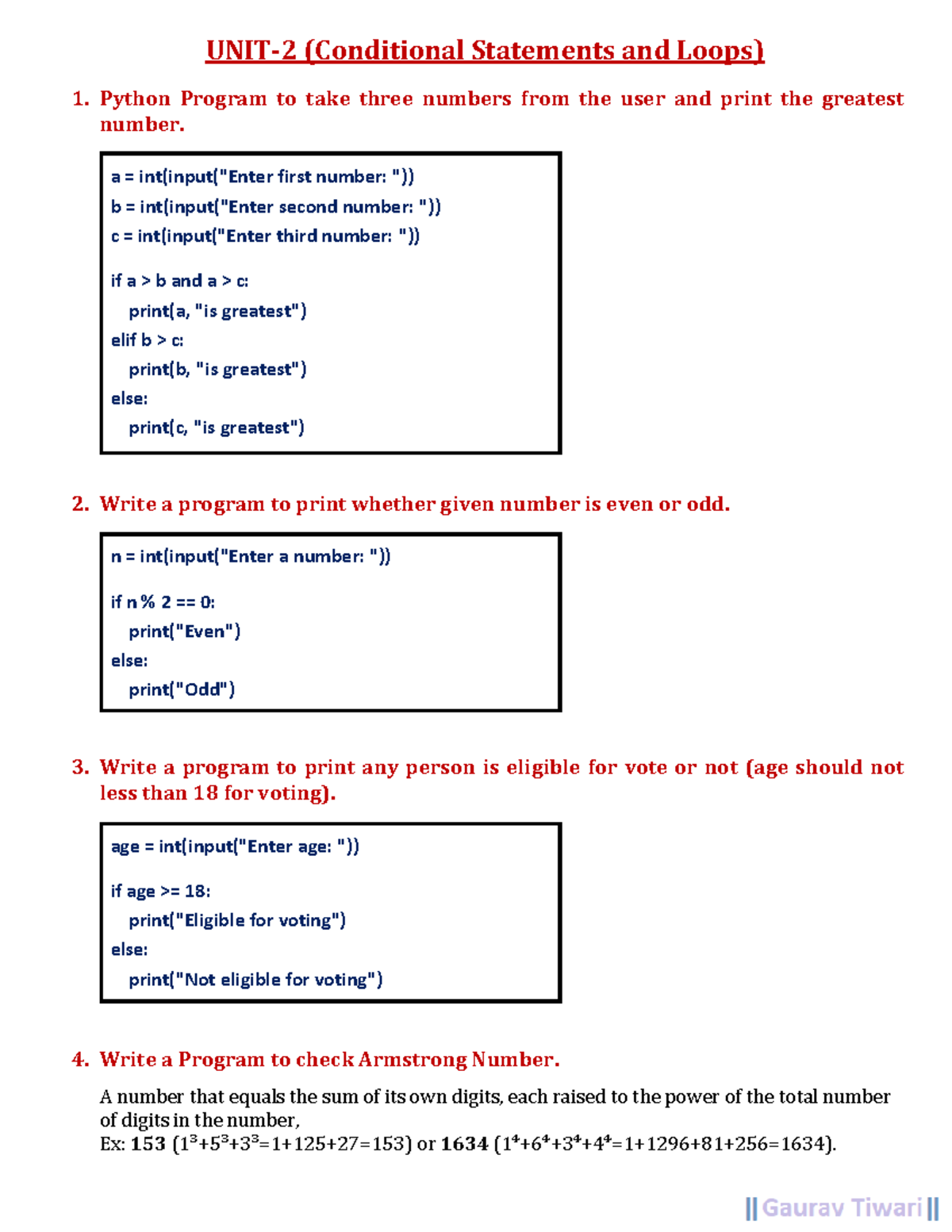 Practice Programs (Unit-2) on Conditional Statements & Loops - Studocu