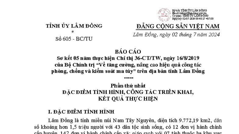Báo cáo Sơ kết 5 năm Chỉ thị PCTP Ma túy tại Lâm Đồng - BCS-605 - Studocu