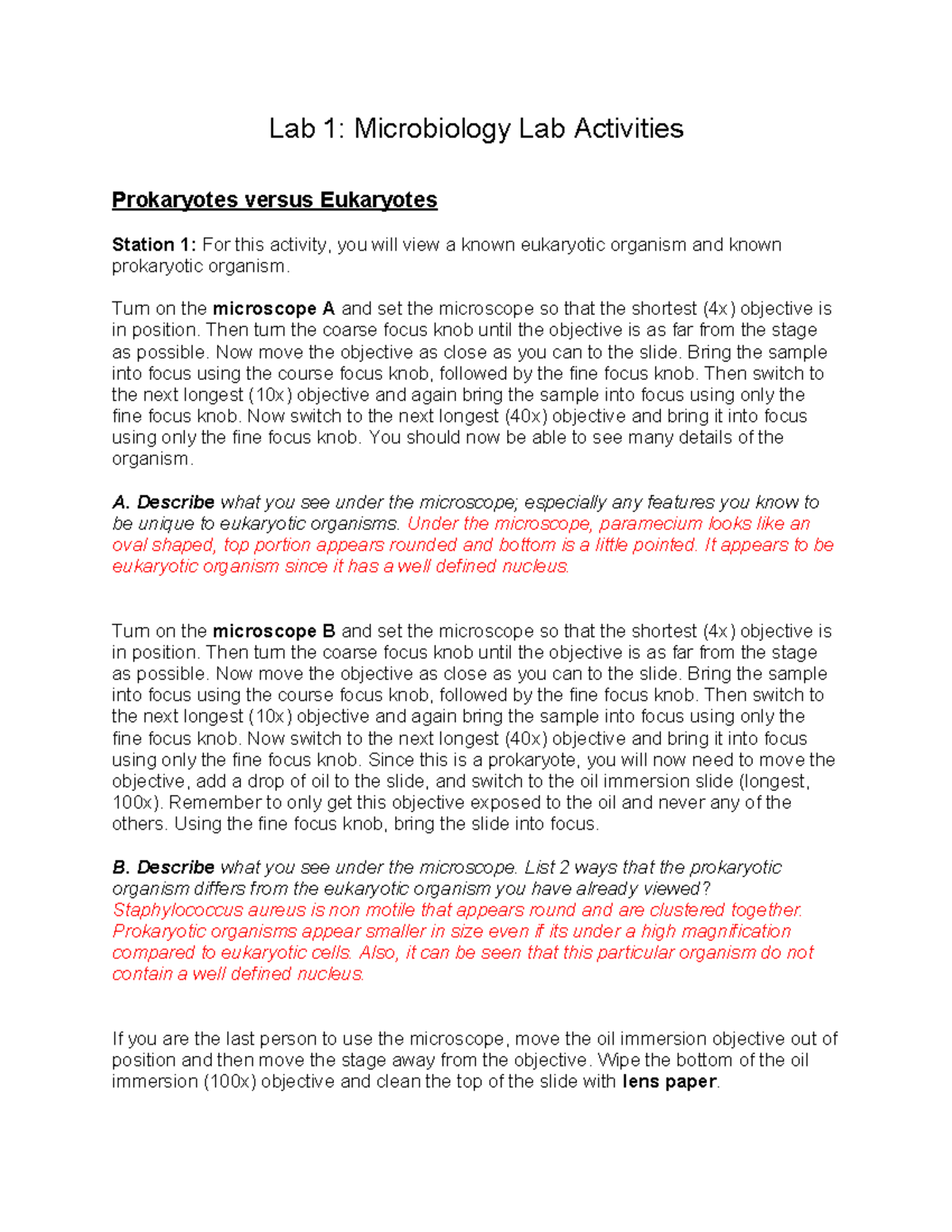 Microbiology Lab Assignment 1: Prokaryotes vs Eukaryotes Analysis - Studocu