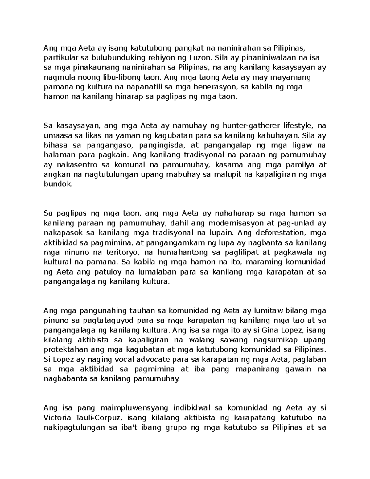 Katutubong Aeta: Kultura, Kasaysayan, at Pakikibaka sa Pilipinas - Studocu