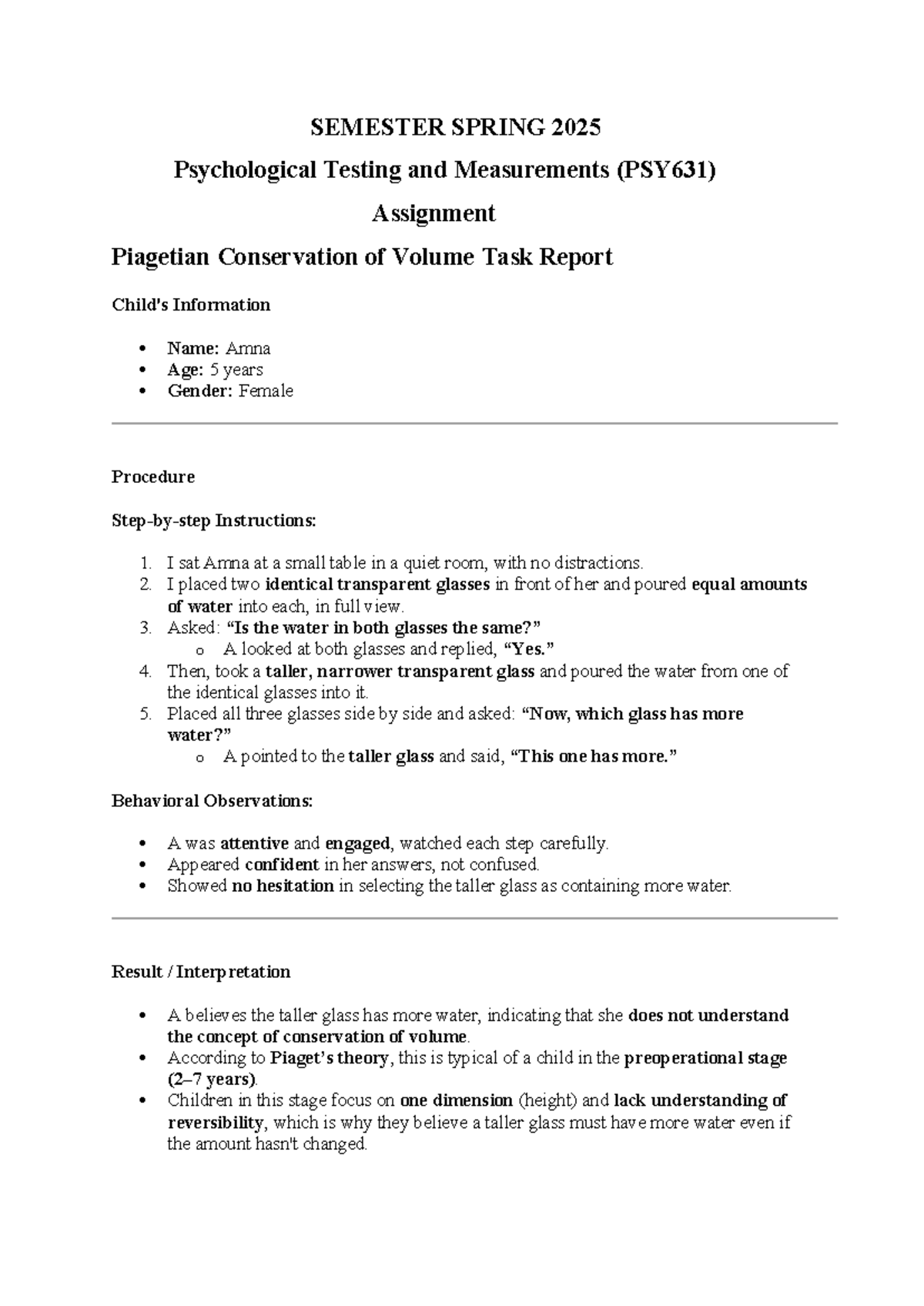 PSY631 Spring 2025 Assignment: Piagetian Conservation Task Report - Studocu