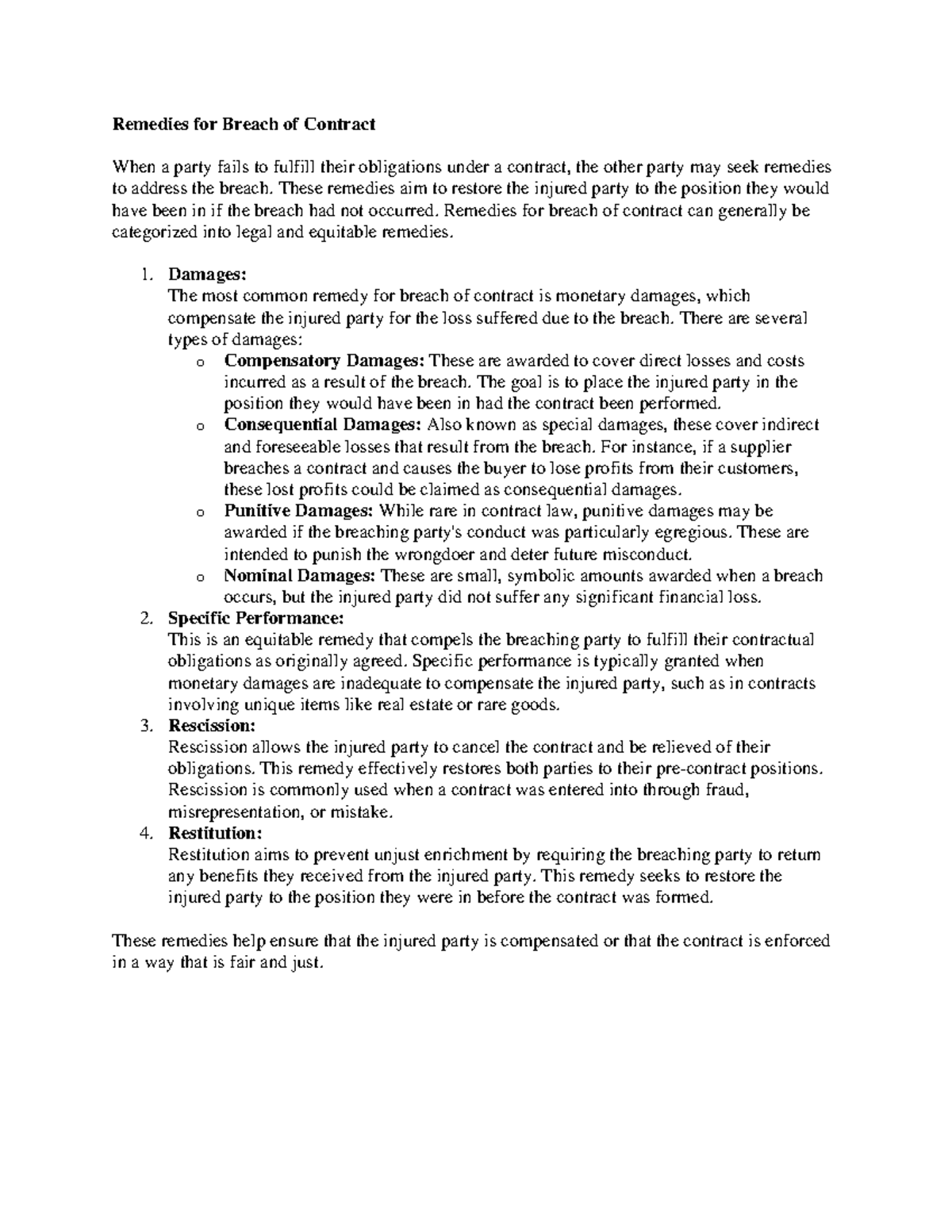 Remedies for Breach of Contract - These remedies aim to restore the ...