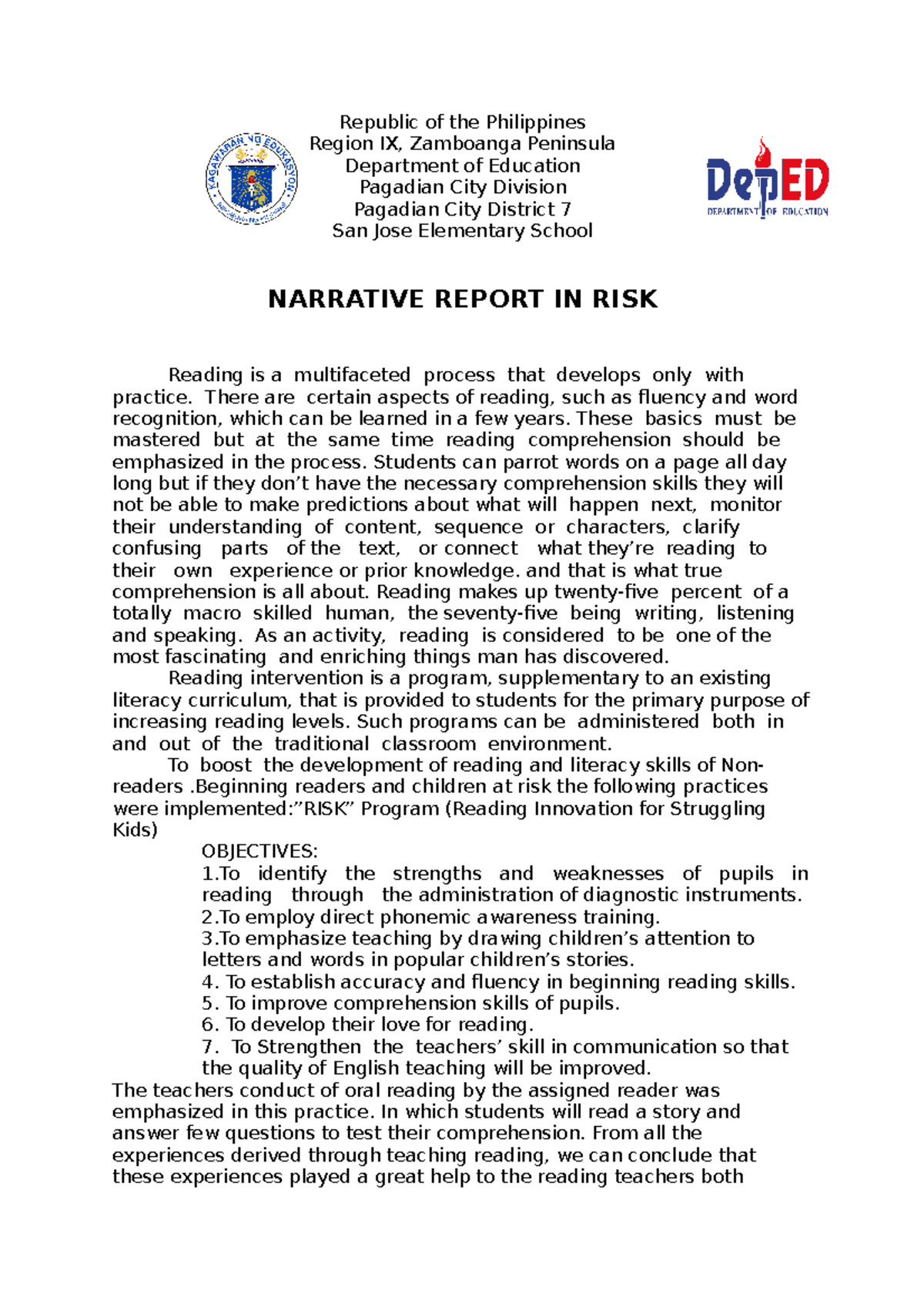Narrative Report on Reading Intervention Implementation for Struggling ...