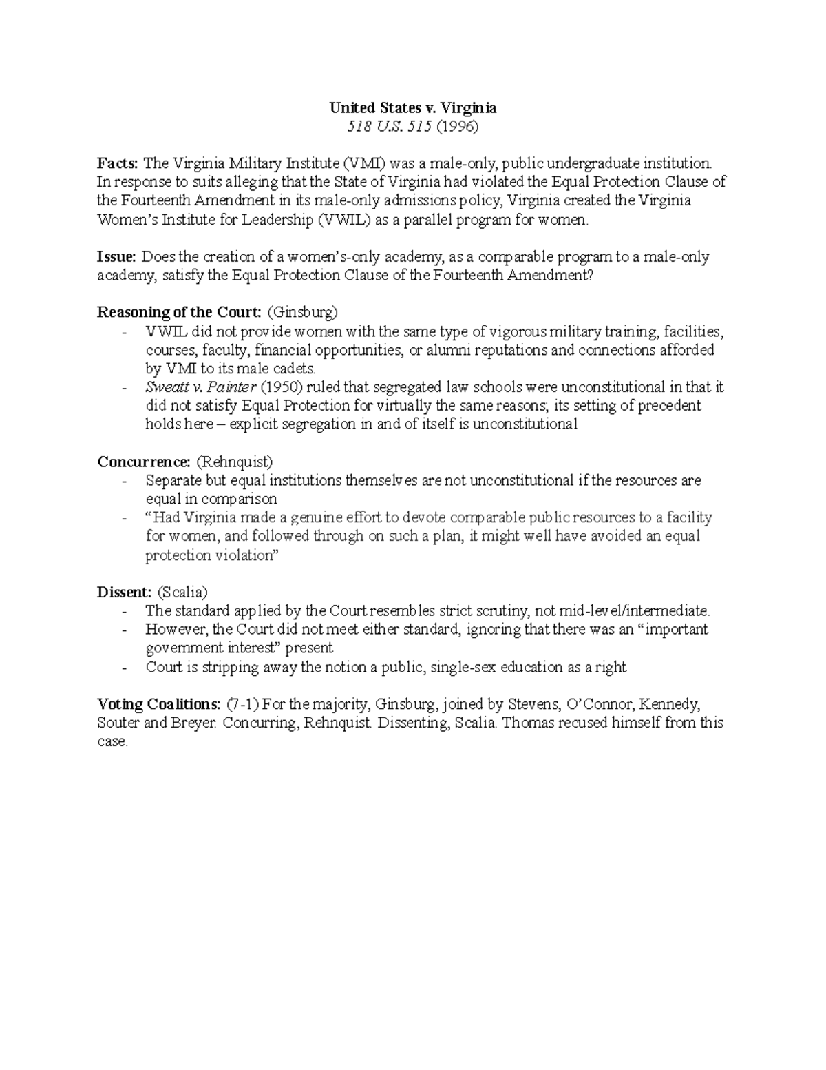 Case Brief/Notes - US vs Virginia - United States v. Virginia 518 U ...
