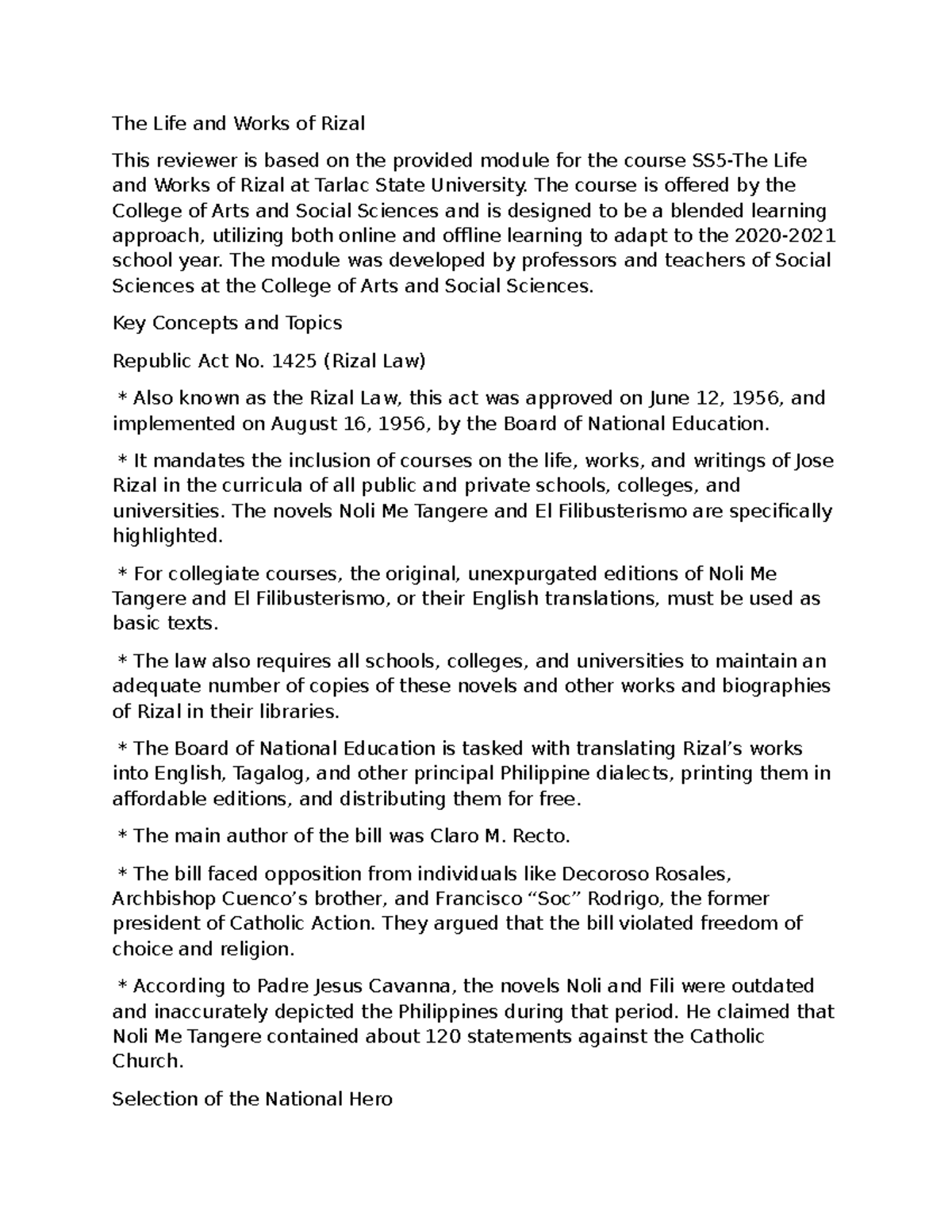 SS5 Aralin 1 Reviewer: Life and Works of Rizal Module - Studocu