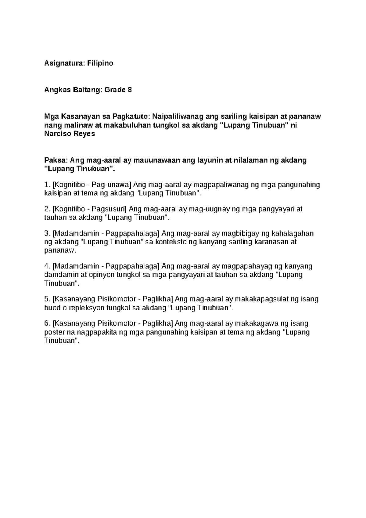 Filipino 8 Lesson Plan: Pagsusuri at Pagsulat ng Akda at Wika - Studocu