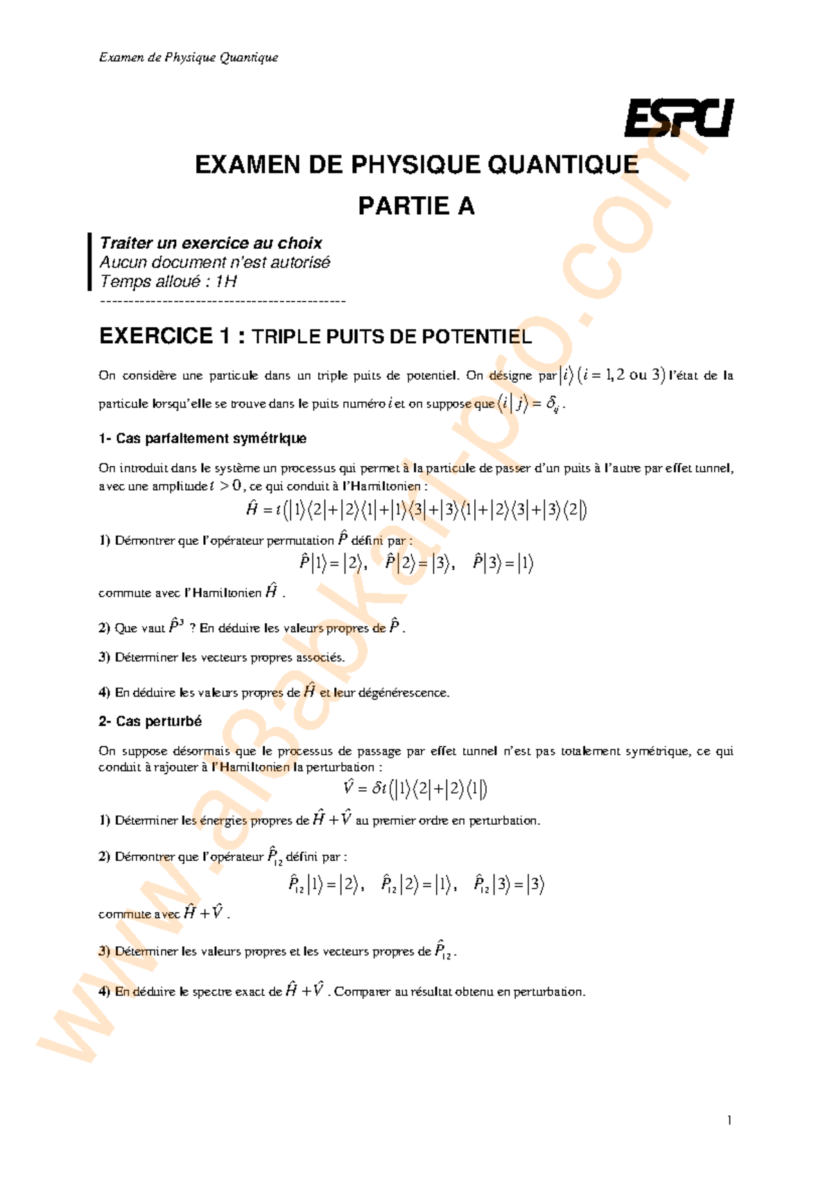 12 Examn - Mécanique Quantique - EXAMEN DE PHYSIQUE QUANTIQUE PARTIE A ...