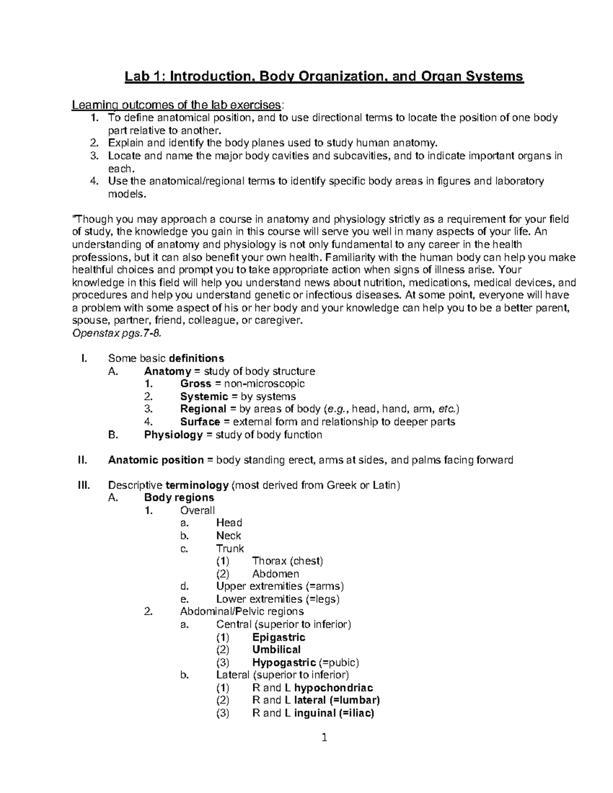 Lab 1: Body Organization, Anatomical Terminology, and Organ Systems ...