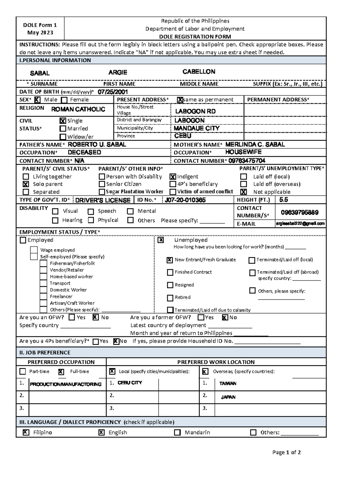 DOLE Registration Form Instructions - May 2023 - Studocu