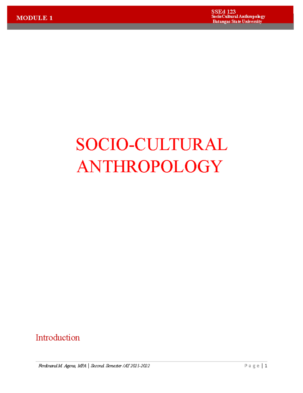 SSEd-123 Module I: Intro to Socio-Cultural Anthropology Concepts - Studocu