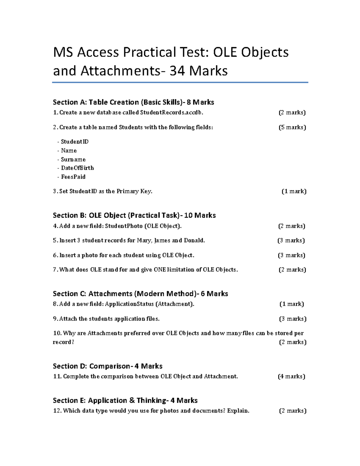 MS Access Practical Test: OLE Objects & Table Creation (34 Marks) - Studocu