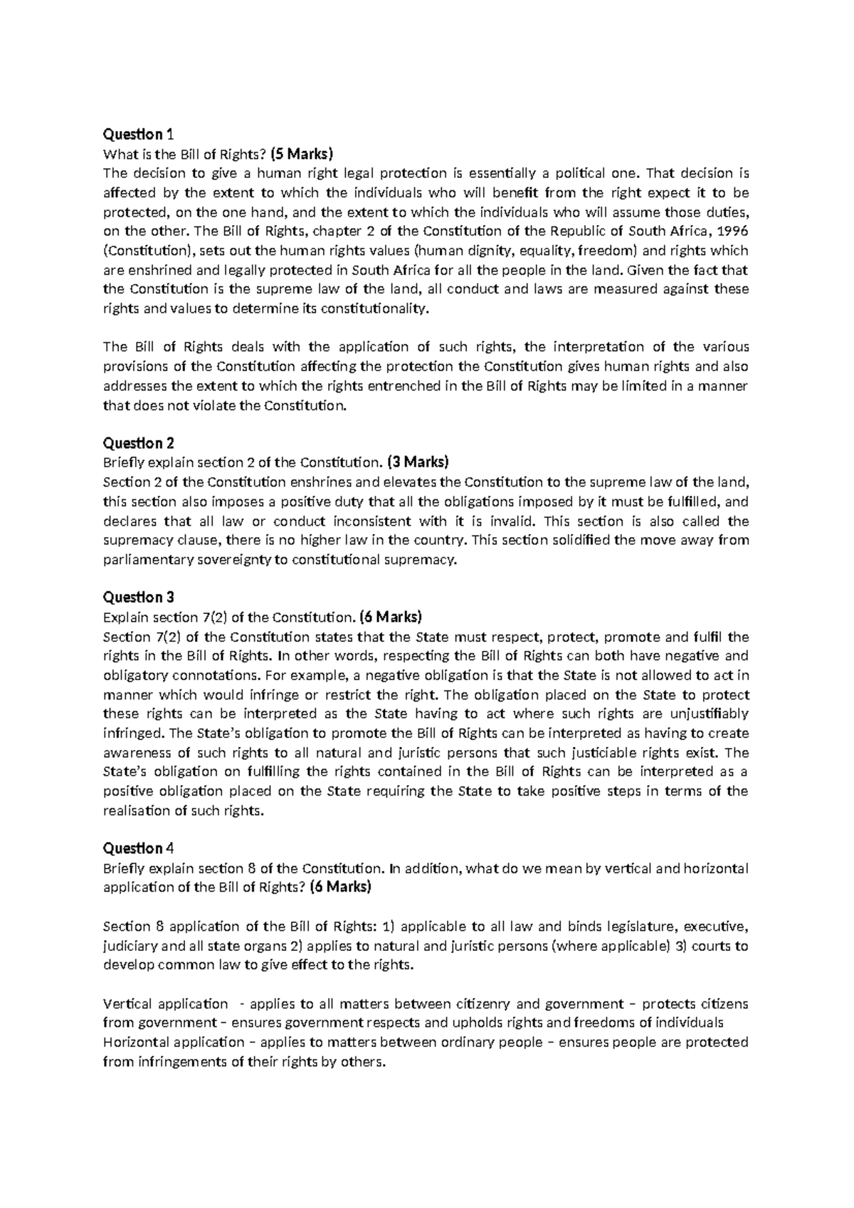 Human Rights - Task 2: Bill of Rights & Constitutional Sections ...