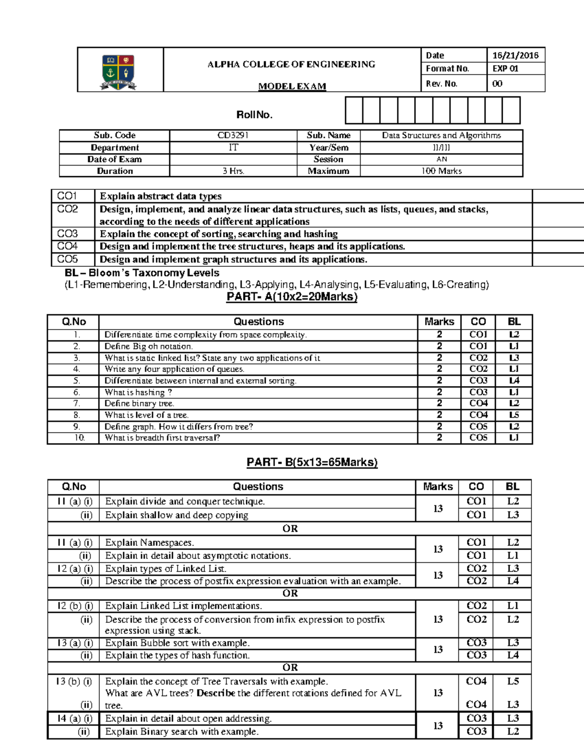 Model SET -1 DSA - dsa - ALPHA COLLEGE OF ENGINEERING MODEL EXAM Date ...