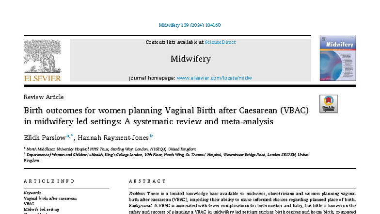 Midwifery 139 (2024) Review: VBAC Outcomes in Midwifery Led Settings ...