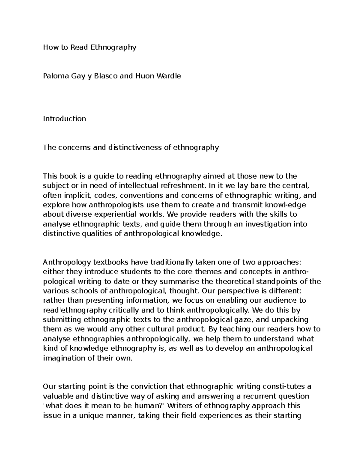 Reading Ethnography: A Guide by Paloma Gay y Blasco & Huon Wardle - Studocu