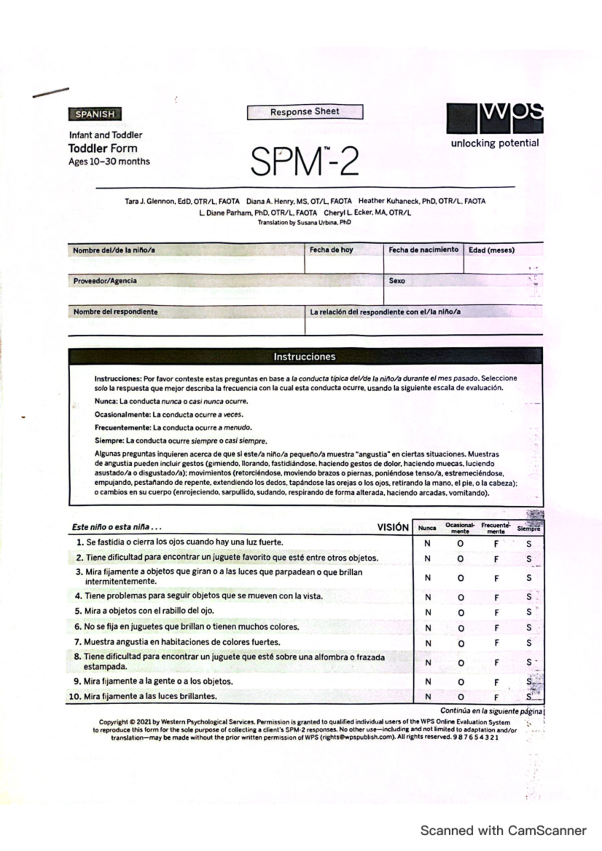 SPM2 Niño 10-30 Meses: Evaluación del Perfil Sensorial - Studocu