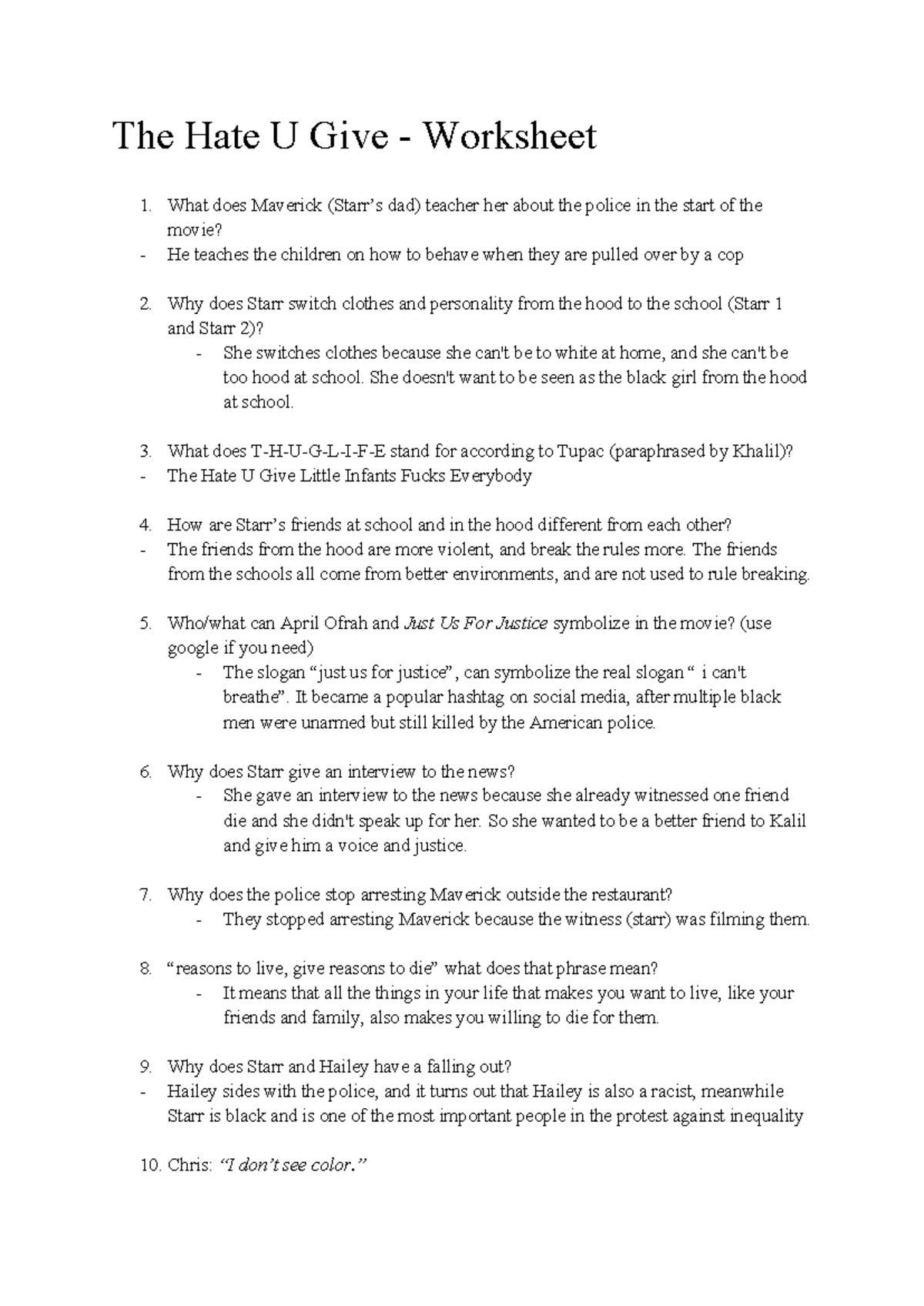 The Hate U Give - Worksheet on Racism and Identity Issues - Studocu