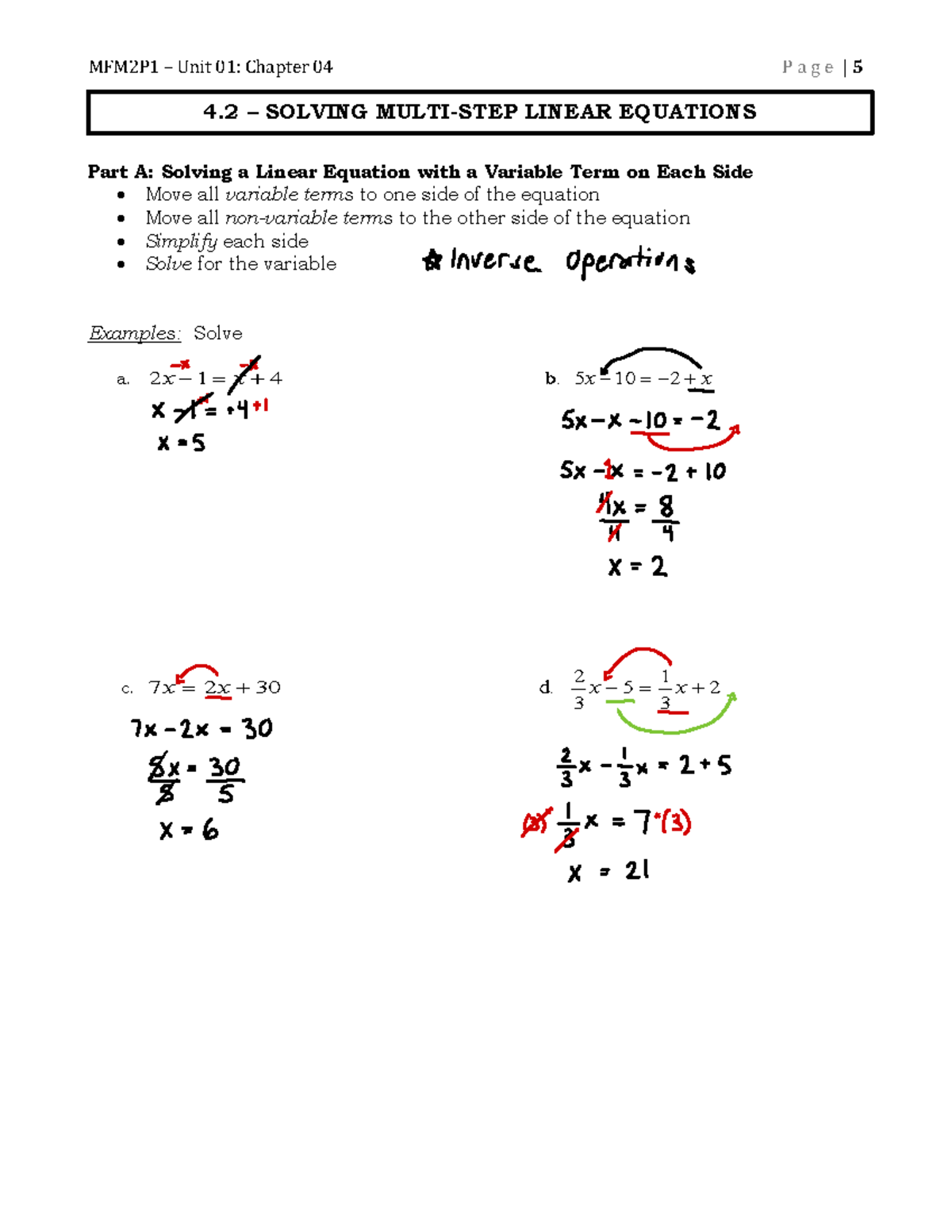 MFM2P1 Lesson 2A: Solving Linear Equations Notes - Studocu