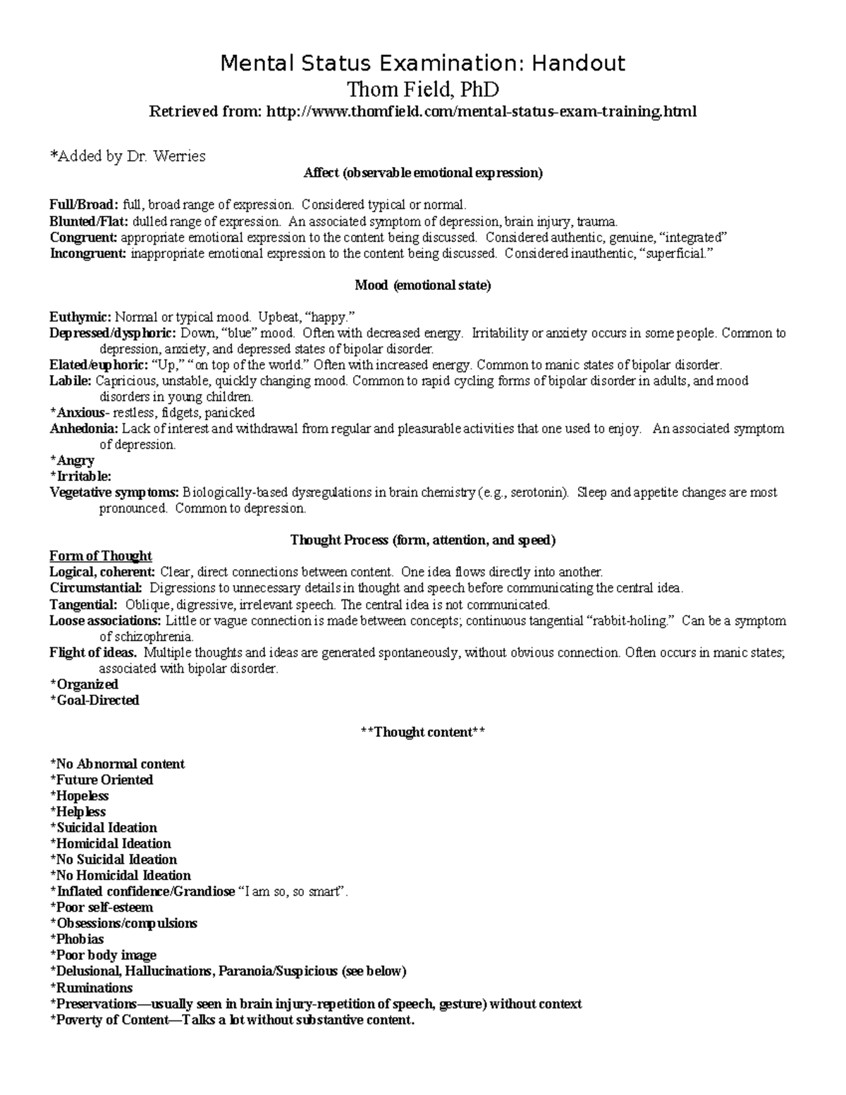 Mental Status Examination (MSE) Definitions and Key Terms - Studocu