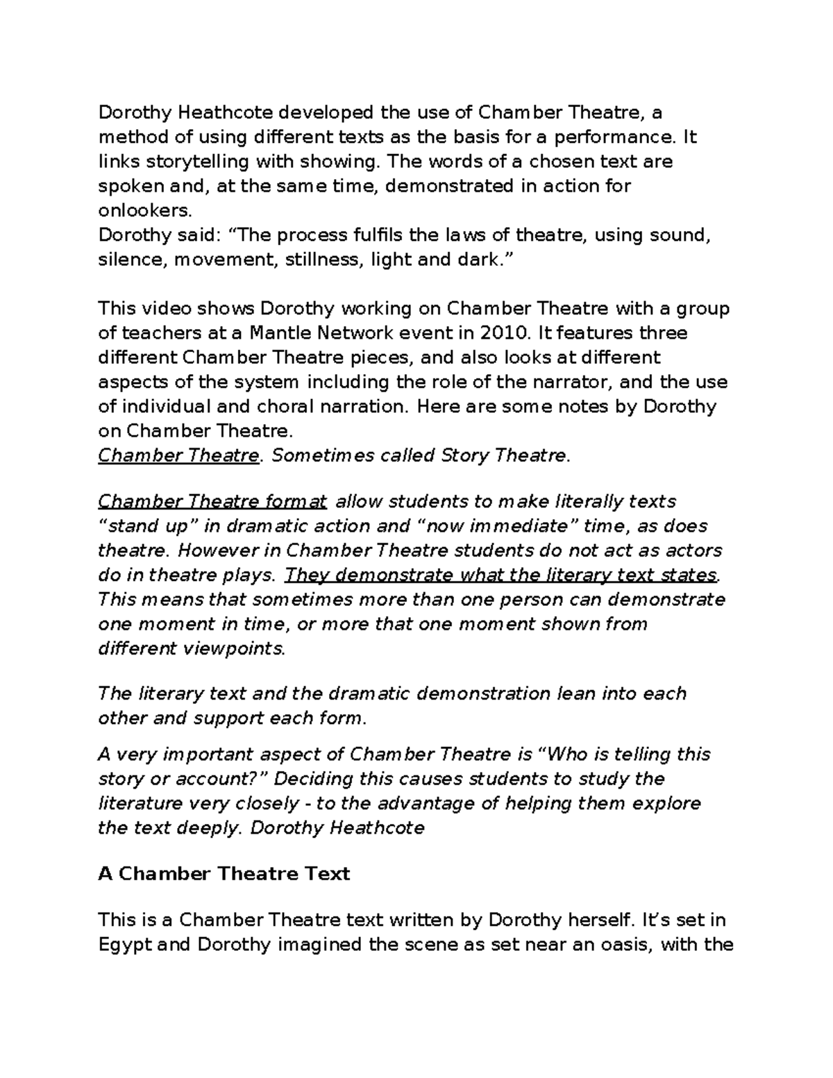 Chamber Theatre: Exploring Dorothy Heathcote's Creative Method - Studocu