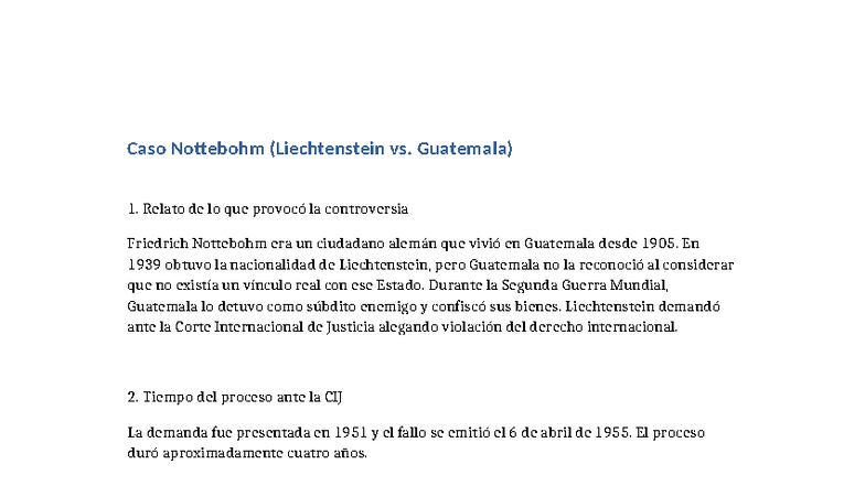 Caso Nottebohm (Liechtenstein vs. Guatemala) - Análisis Completo - Studocu