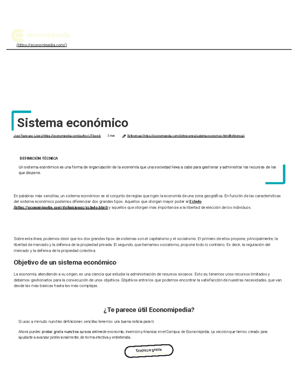 Sistema económico - Qué es, definición y concepto 2022 Economipedia - José Francisco López - Studocu