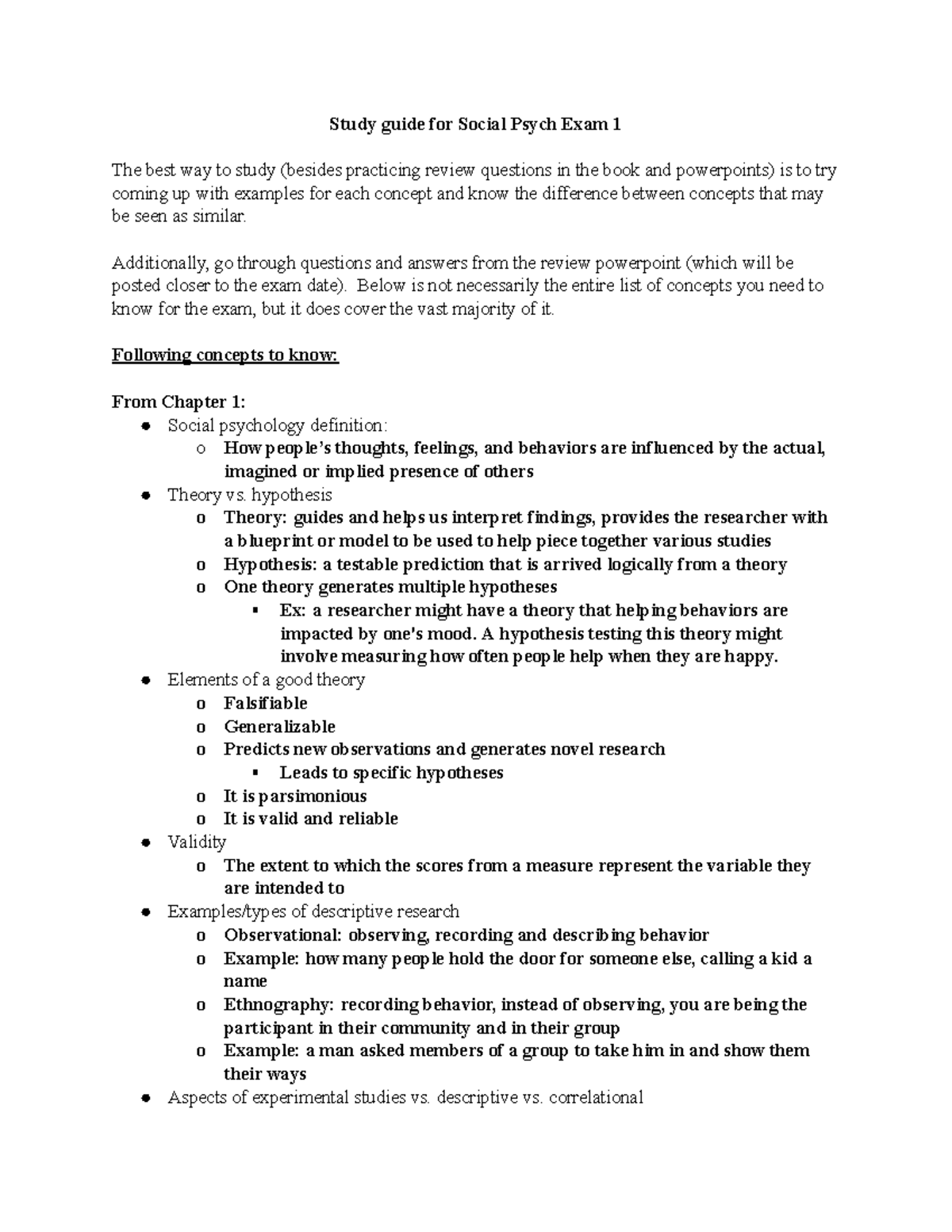 Social Psych 101: Study Guide for Exam 1 (Chapters 1-4) - Studocu