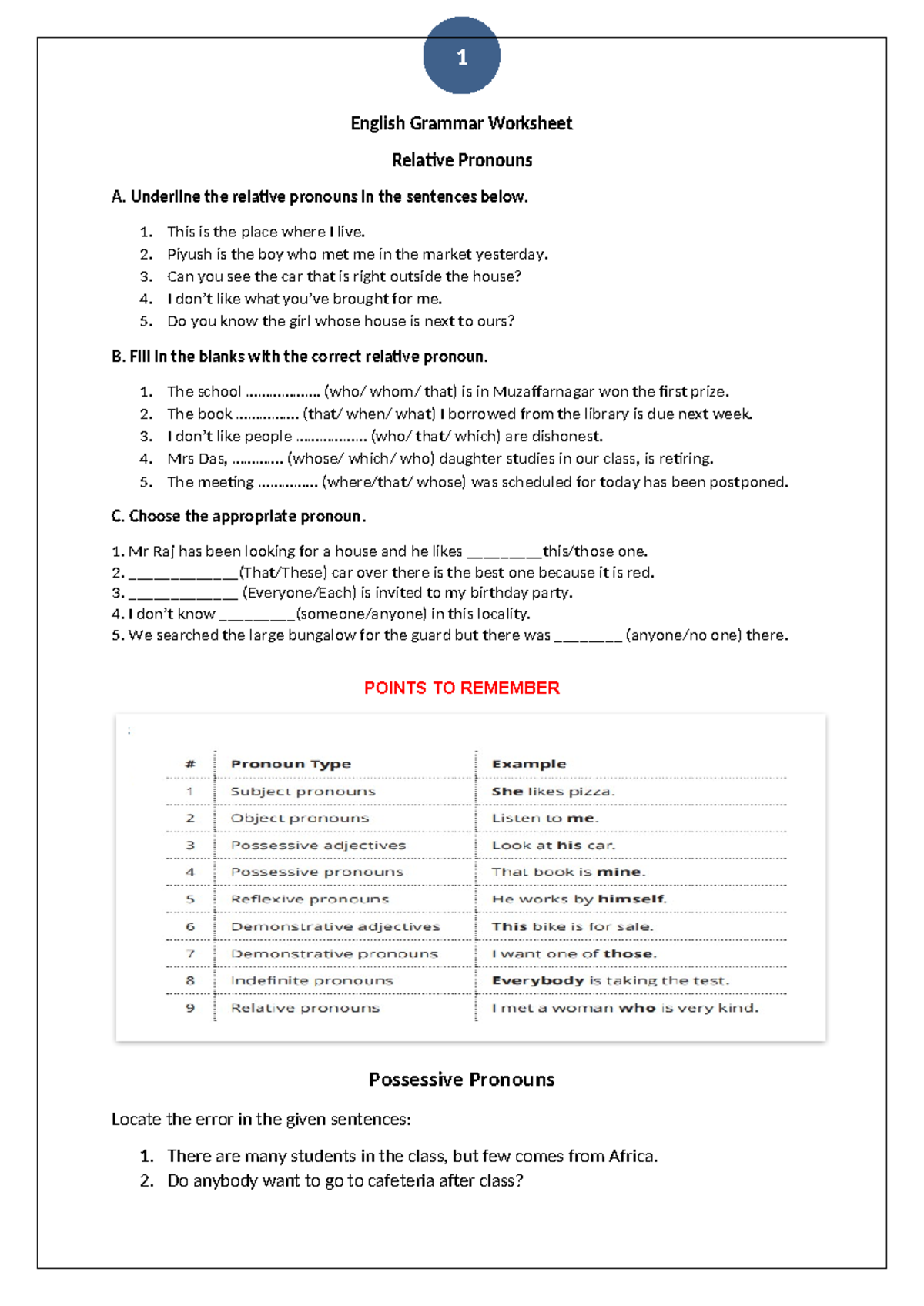 English Grammar Worksheet: Relative Pronouns (1) - Studocu