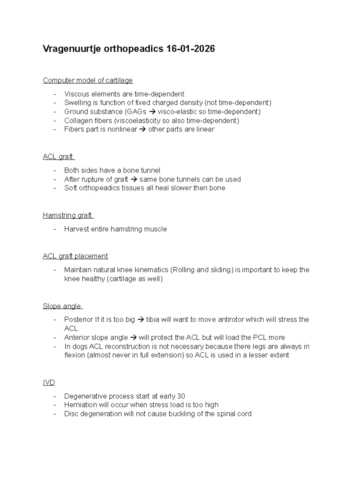 Vragenuurtje Ortho 101: Cartilage Models & ACL Insights - Studeersnel