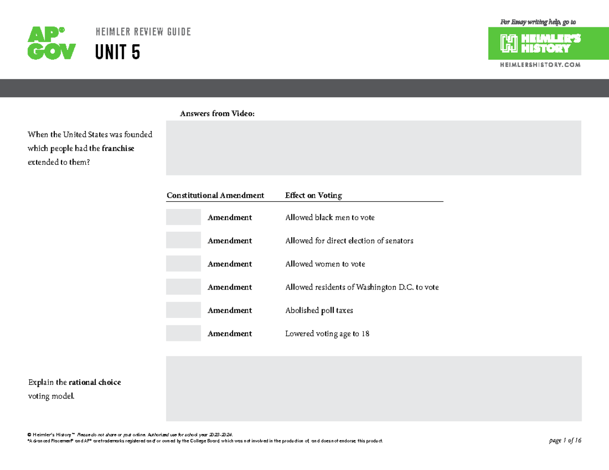 HEIMLER REVIEW GUIDE UNIT 5: Voting Behavior & Political Institutions ...