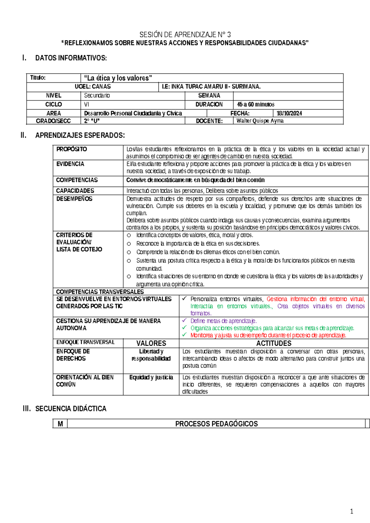 2º DPCC- SES 3 UNI 6 - SEM 03 - Secundaria EBR UNIAD 08 SESIÓN DE APRENDIZAJE N° 3 ...