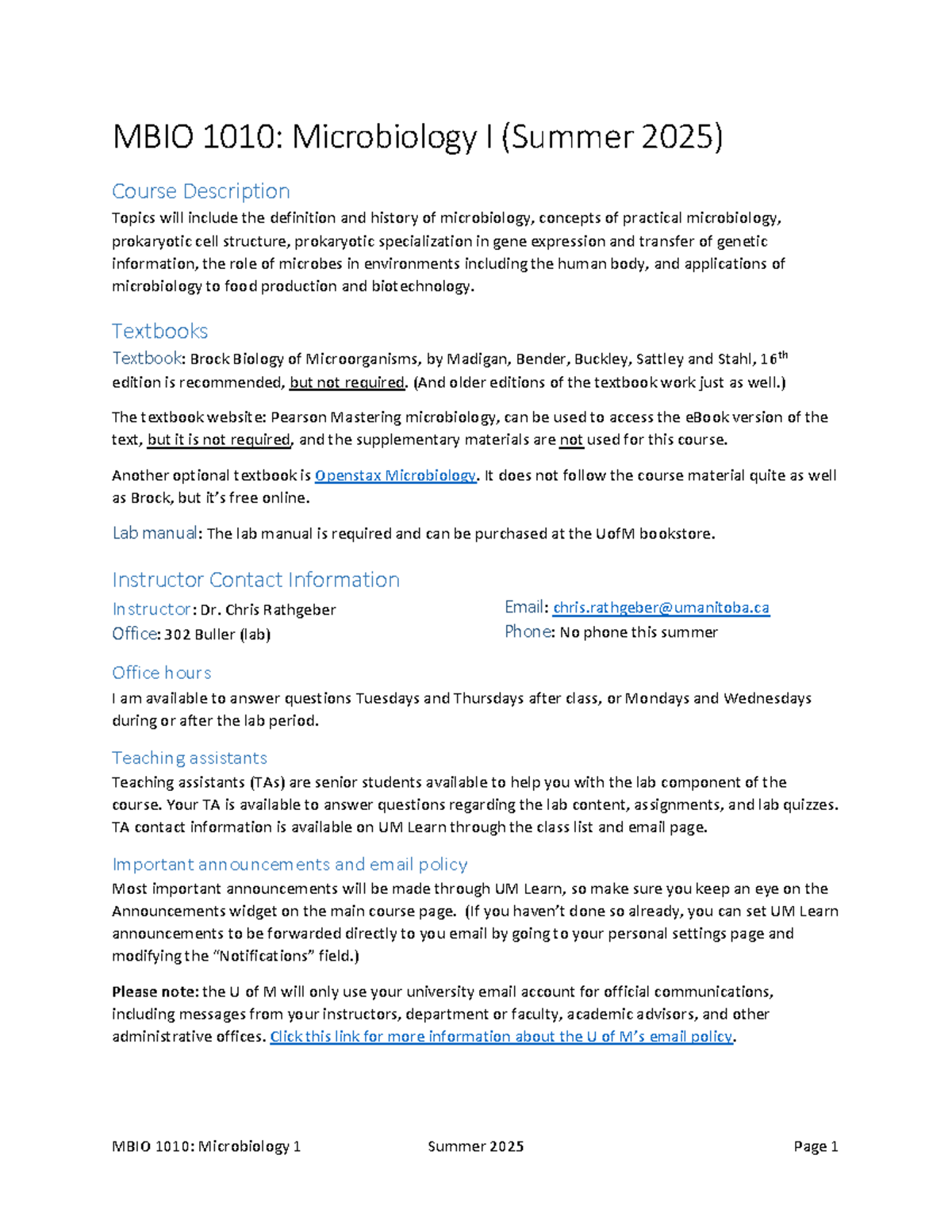MBIO 1010: Microbiology I Syllabus (Summer 2025) Overview - Studocu
